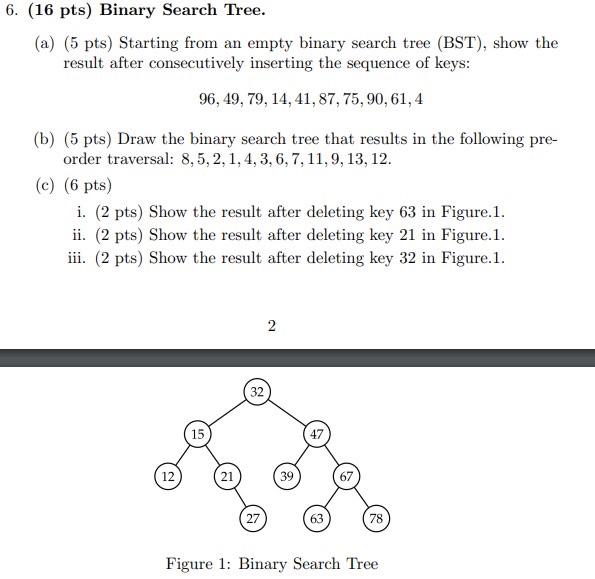 Solved (16 pts) Binary Search Tree. (a) (5 pts) Starting | Chegg.com