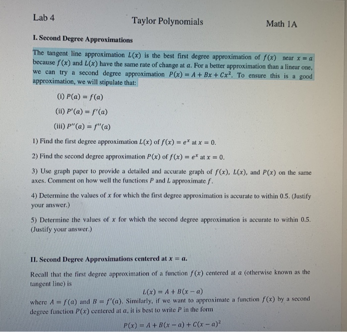 Solved Lab 4 Taylor Polynomials Math 1A I. Second Degree | Chegg.com