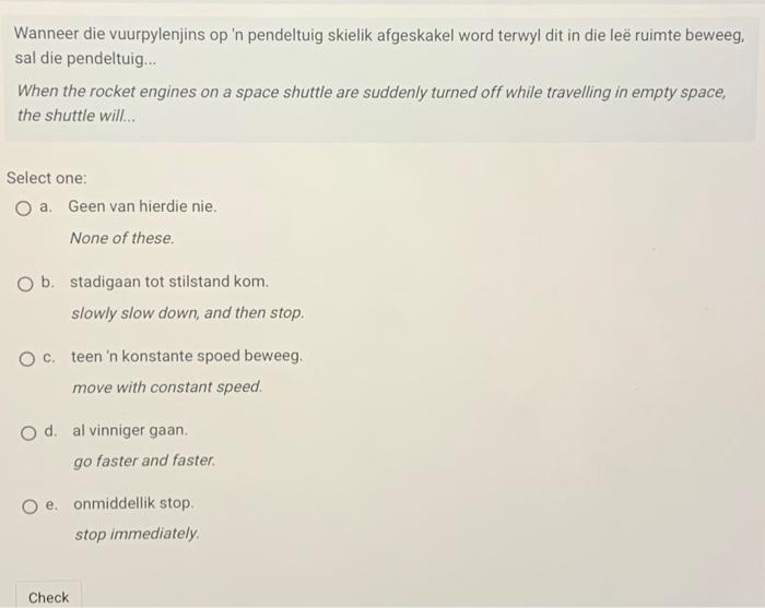 Solved Wanneer die vuurpylenjins op 'n pendeltuig skielik | Chegg.com