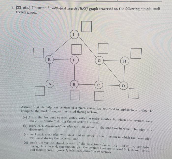 Solved 1. [22 pts.] Illustrate breadlh-first search (BFS) | Chegg.com