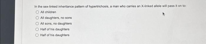 Solved In the sex-linked inheritance pattern of | Chegg.com
