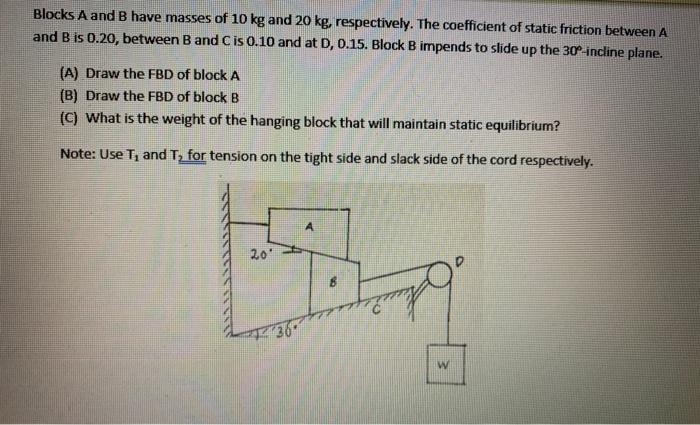Solved Blocks A and B have masses of 10 kg and 20 kg, | Chegg.com