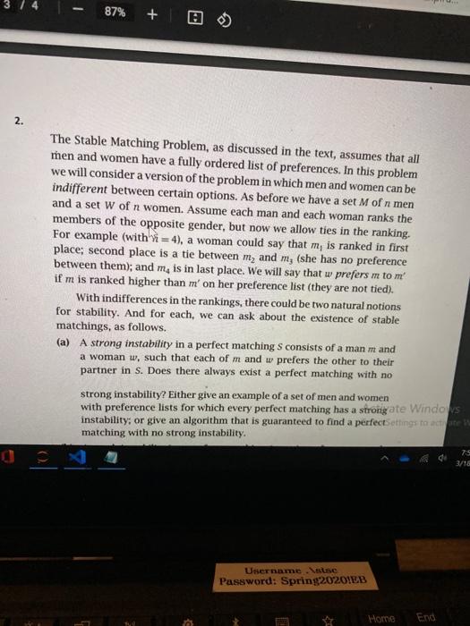 Solved 87% + 2. The Stable Matching Problem, as discussed in | Chegg.com