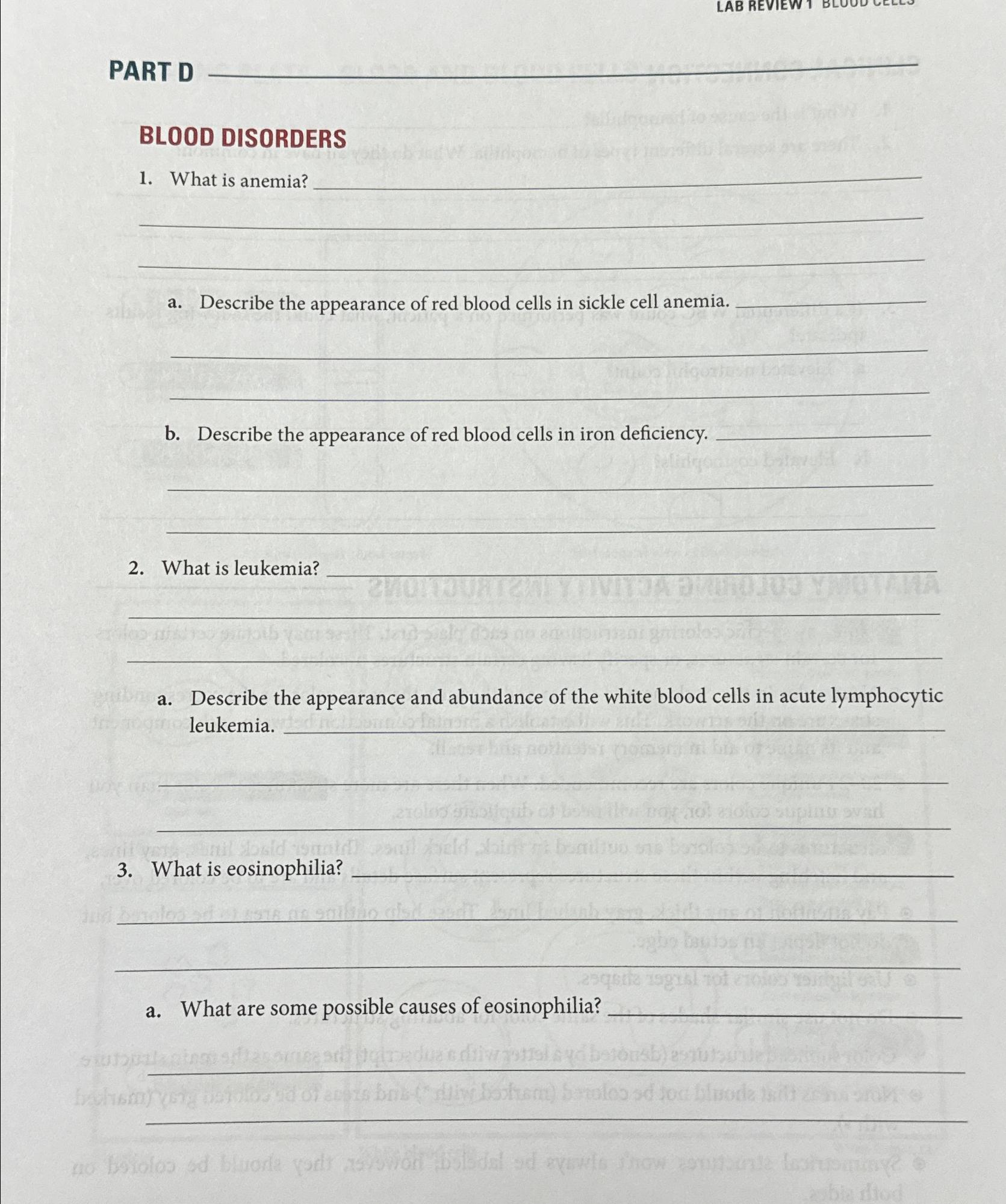 Solved PART DBLOOD DISORDERSWhat is anemia?a. ﻿Describe the | Chegg.com