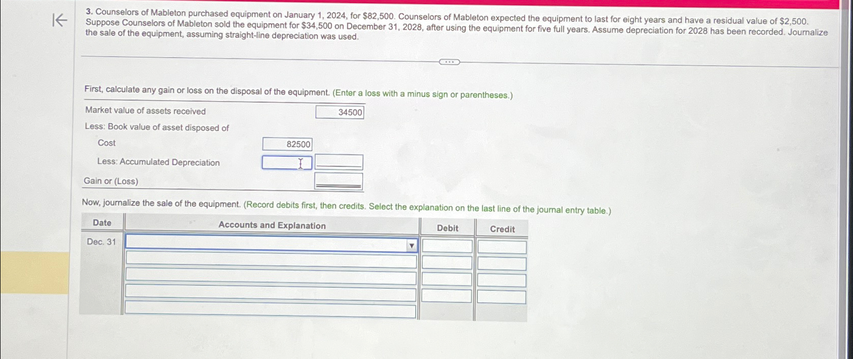 Solved the sale of the equipment, assuming straight-line | Chegg.com