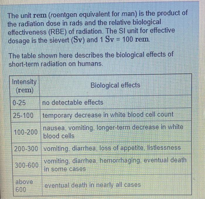 Solved The unit rem (roentgen equivalent for man) is the | Chegg.com