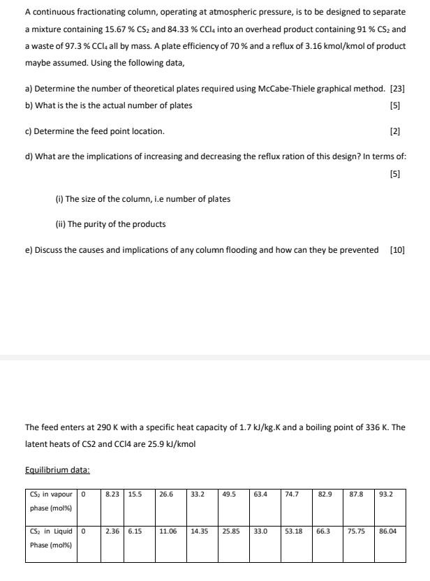Solved A continuous fractionating column, operating at | Chegg.com