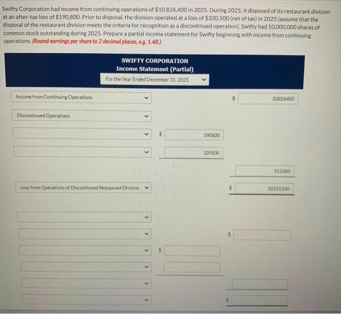 Solved Swifty Corporation had income from continuing | Chegg.com