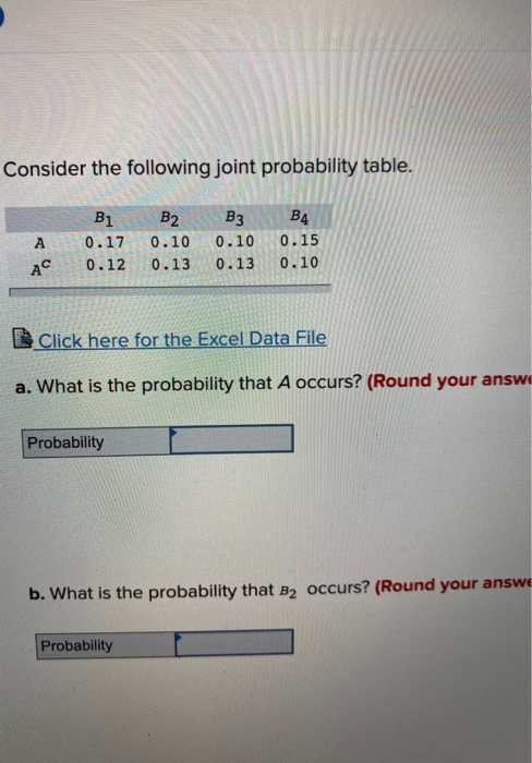 Solved Consider the following joint probability table. A AC | Chegg.com