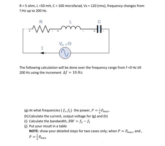 Solved R=5ohm,L=50mH,C=100 microfarad, Vs=120(rms), | Chegg.com