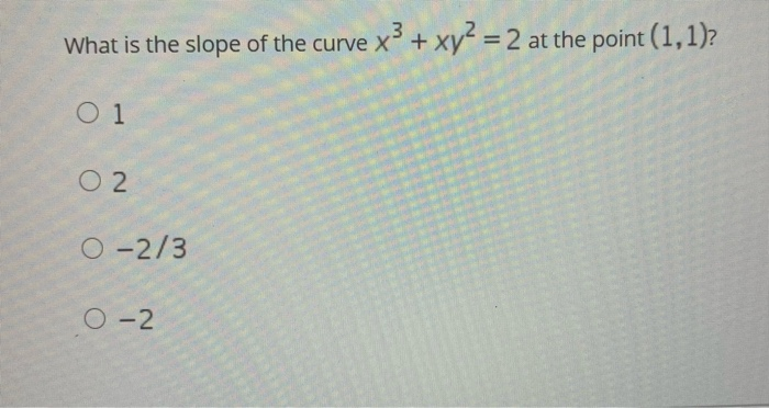 Solved What is the slope of the curve x3 + xy2 = 2 at the | Chegg.com