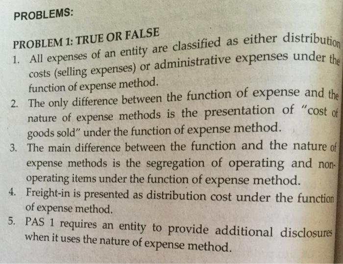 Solved PROBLEMS: PROBLEM 1: TRUE OR FALSE 1. All expenses of | Chegg.com