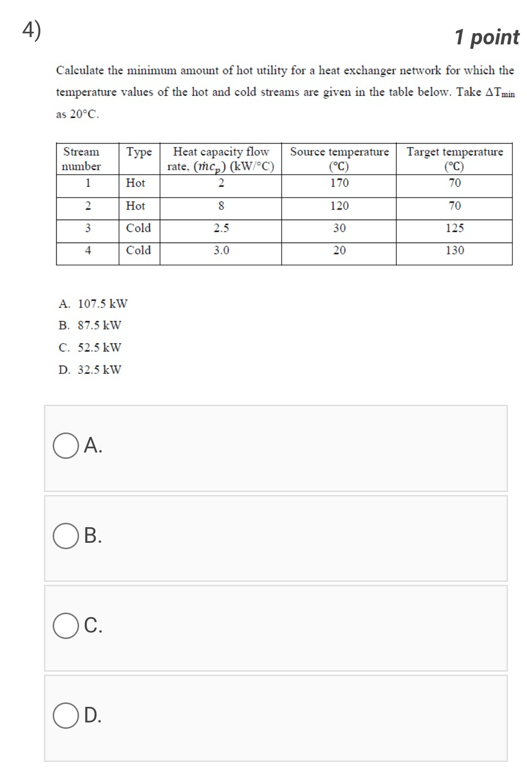 Solved 4) 1 point Calculate the minimum amount of hot | Chegg.com
