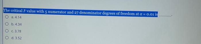 Solved The critical F value with 5 numerator and 27 | Chegg.com