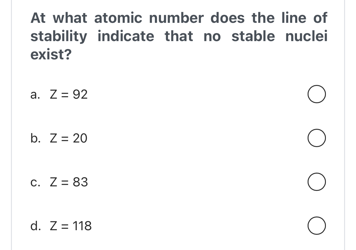 Solved At what atomic number does the line of stability | Chegg.com