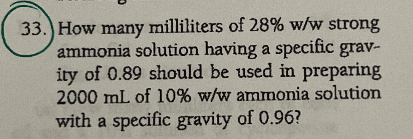 Solved How many milliliters of 28%ww ﻿strong ammonia | Chegg.com