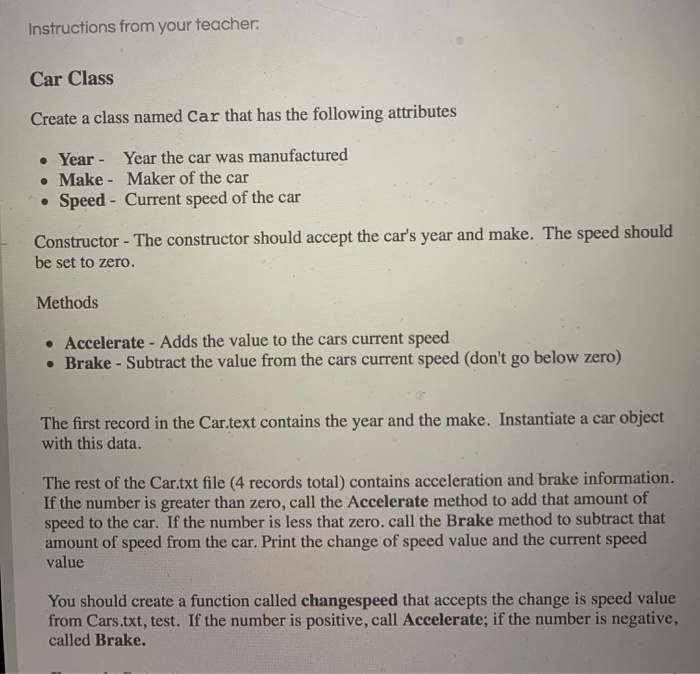 Solved Instructions from your teacher. Car Class Create a | Chegg.com