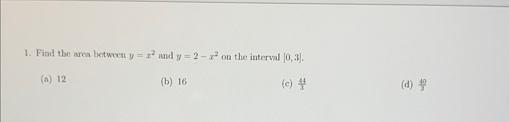 Solved Find the area between y=x2 ﻿and y=2-x2 ﻿on the | Chegg.com