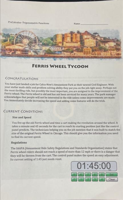 Solved PreCalculus-Trigonometric Functions Name FERRIS WHEEL | Chegg.com