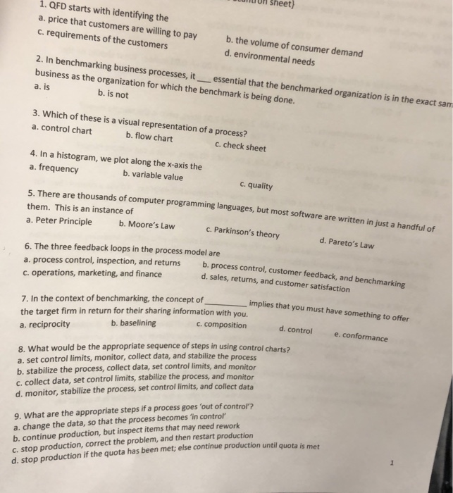 Solved Ton Sheet) 1. QFD starts with identifying the a. | Chegg.com