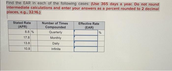 Solved Find the EAR in each of the following cases: (Use 365 | Chegg.com