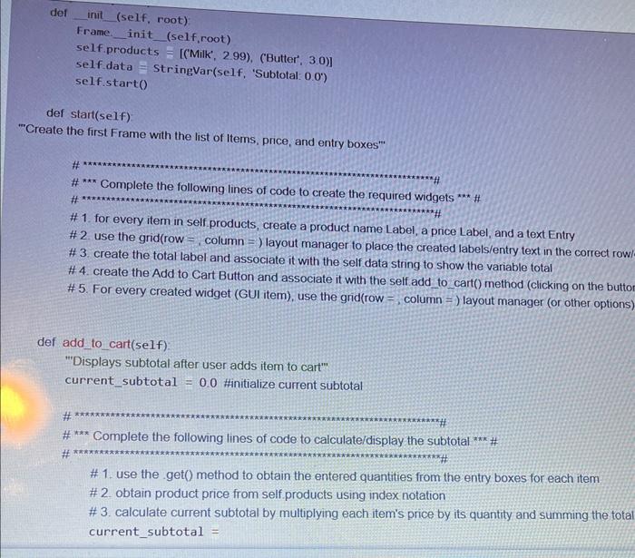 Solved Frame__init_(self,root) self.products = [('Milk', | Chegg.com