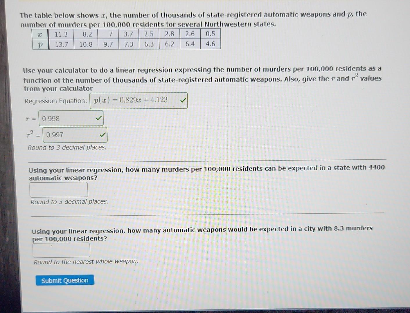 Solved Using your linear regression, how many murders per | Chegg.com