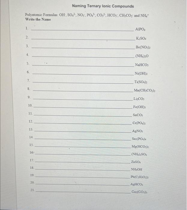 Solved Naming Ternary lonic Compounds Polyatomic Formulas: | Chegg.com