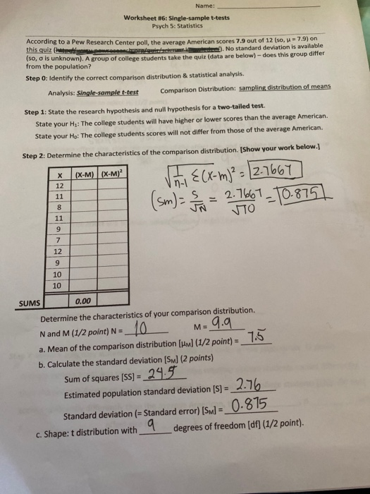Solved Name: Worksheet #6: Single-sample t-tests Psych 5: | Chegg.com
