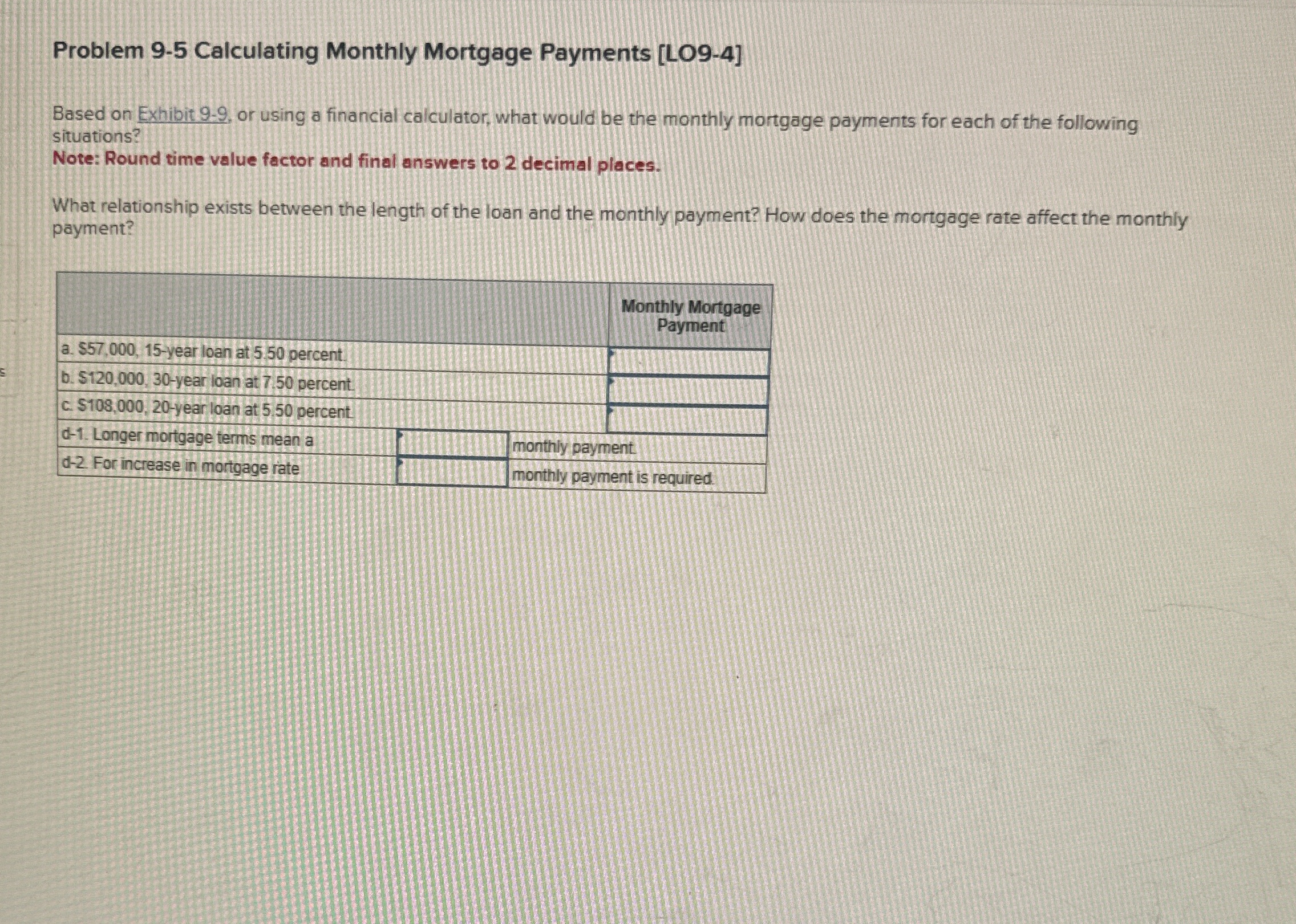 Solved Problem 9-5 ﻿Calculating Monthly Mortgage Payments | Chegg.com