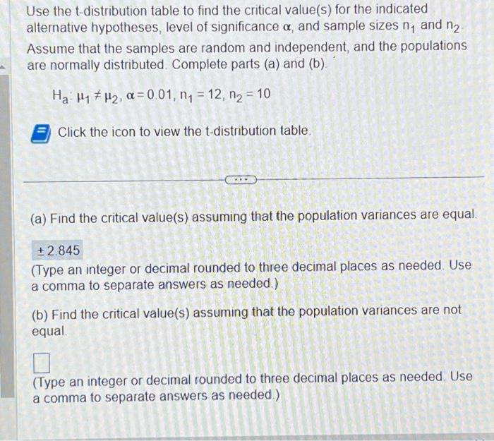 Solved Use the t-distribution table to find the critical | Chegg.com