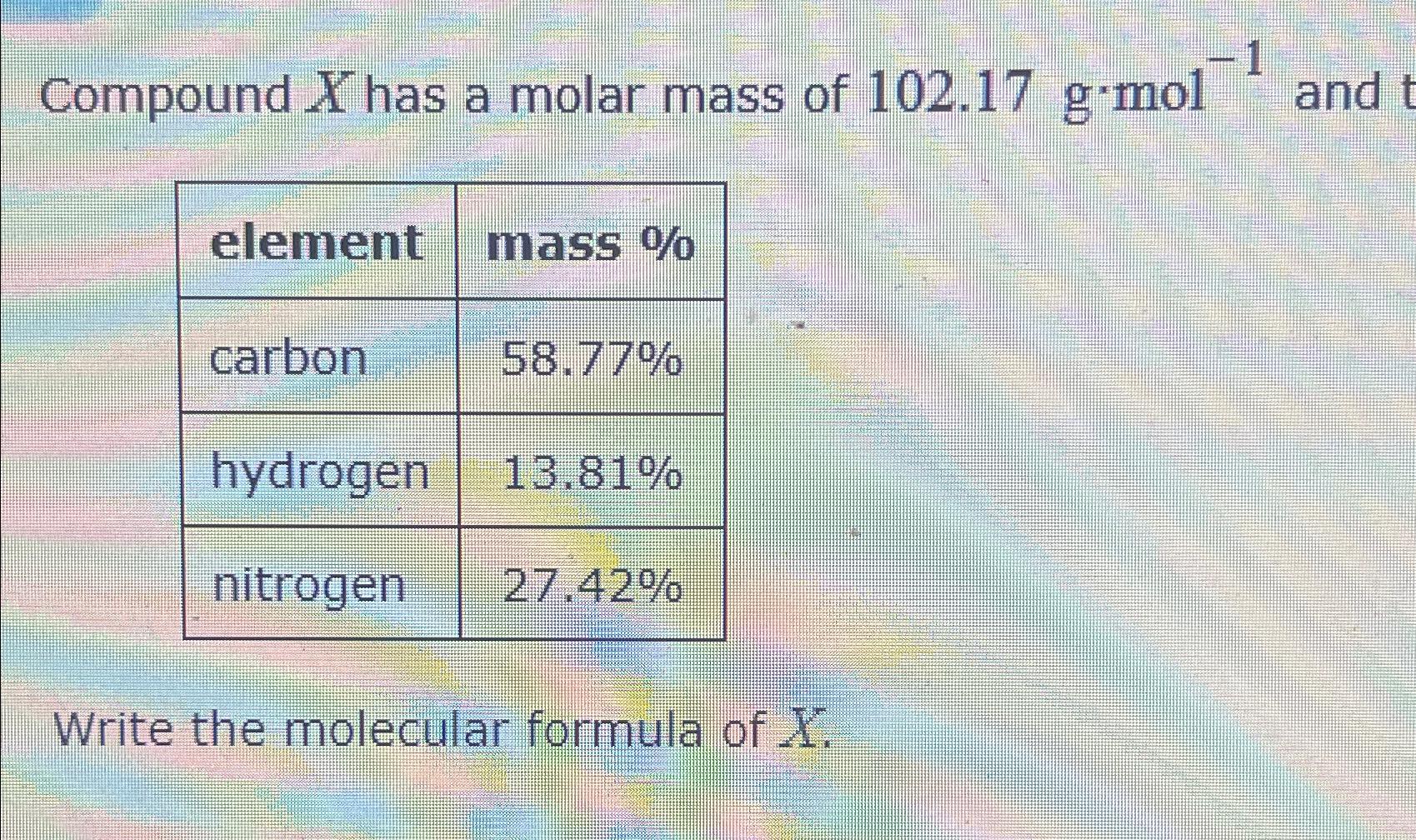 Solved Compound x ﻿has a molar mass of 102.17g*mol-1 | Chegg.com