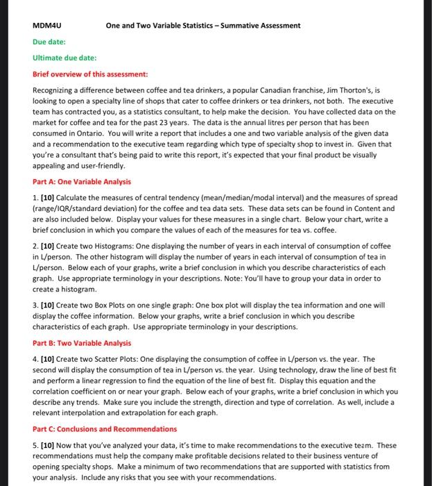 Solved MDM4U One and Two Variable Statistics - Summative | Chegg.com