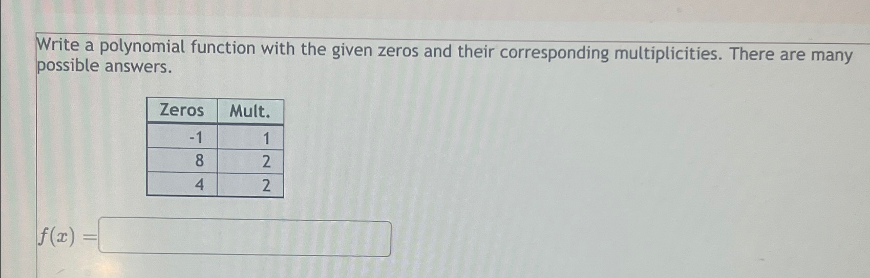 Solved Write a polynomial function with the given zeros and | Chegg.com