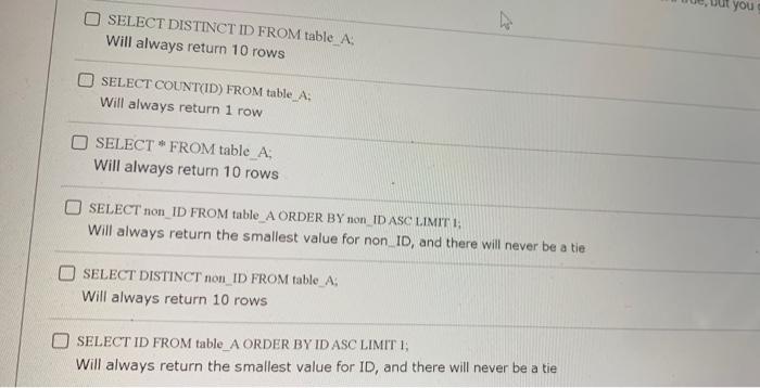 SELECT DISTINCT ID FROM table_A Will always return 10 | Chegg.com