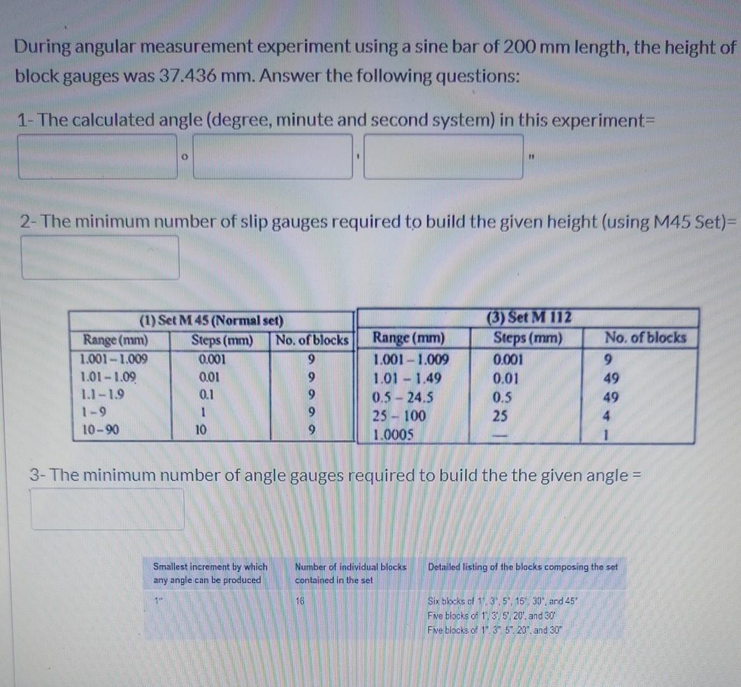 Solved During angular measurement experiment using a sine | Chegg.com