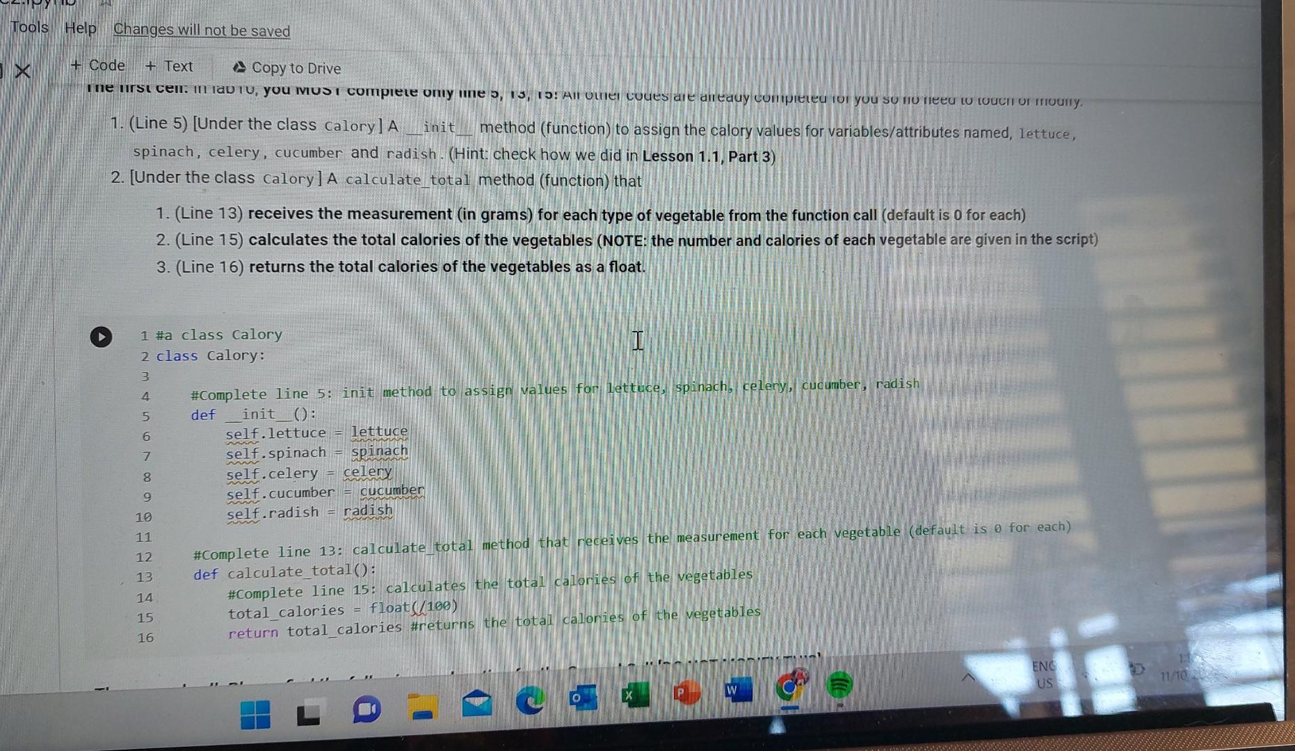 Solved 1. (Line 5) [Under the class calory] A _ init_ method | Chegg.com