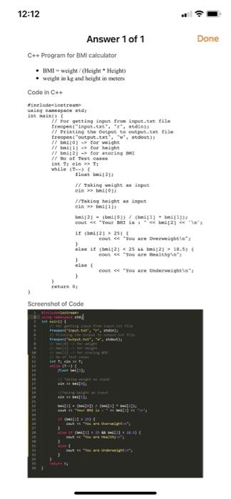 Solved Create a FLOWCHART for this C++ code about BMI | Chegg.com