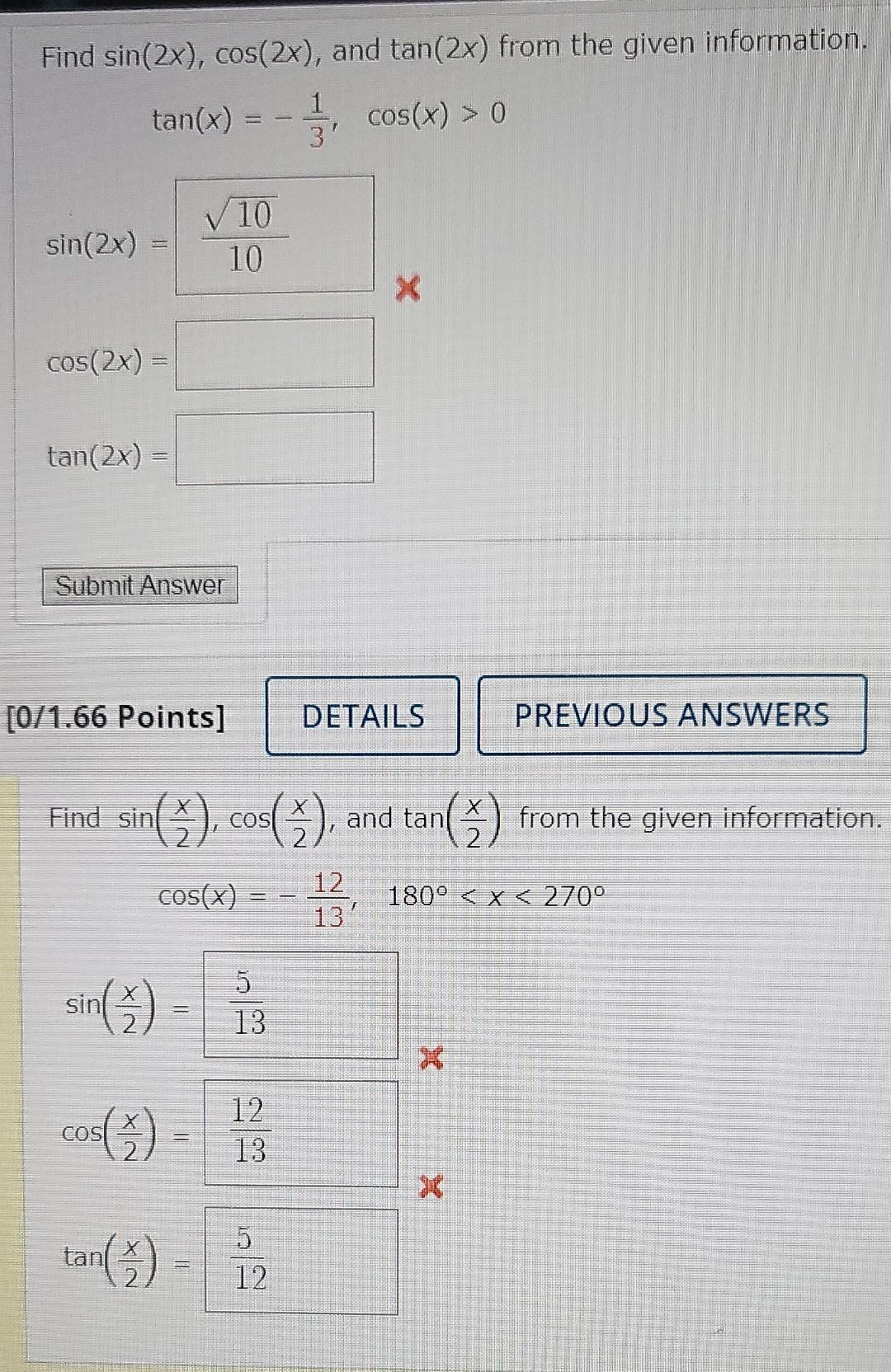 Solved Find sin(2x),cos(2x), and tan(2x) from the given | Chegg.com