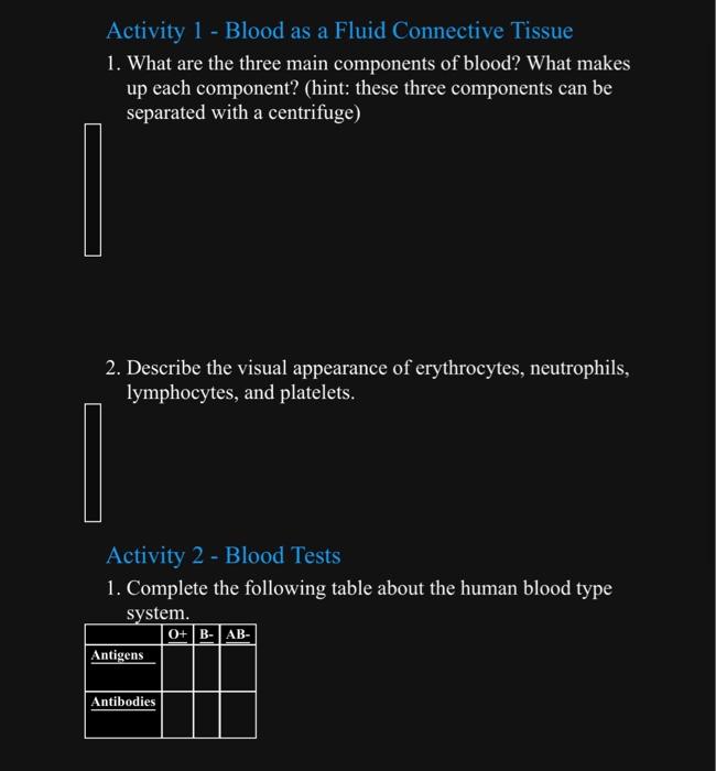Solved Activity 1 - Blood as a Fluid Connective Tissue 1. | Chegg.com