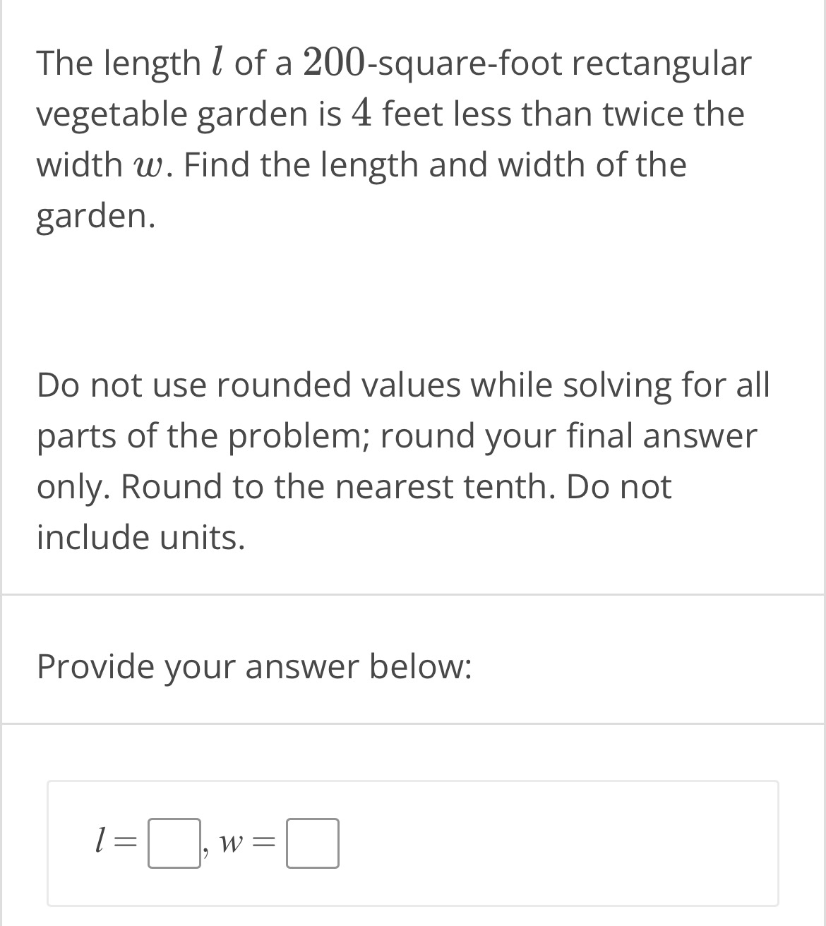 Solved The length l ﻿of a 200 -square-foot rectangular | Chegg.com