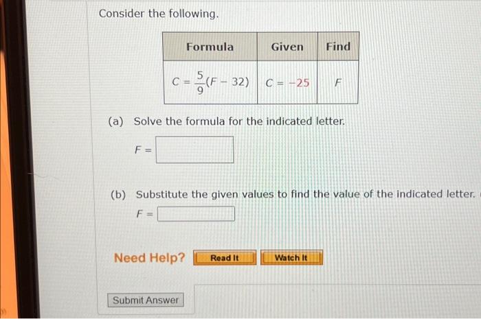 Solved Consider the following. (a) Solve the formula for the | Chegg.com
