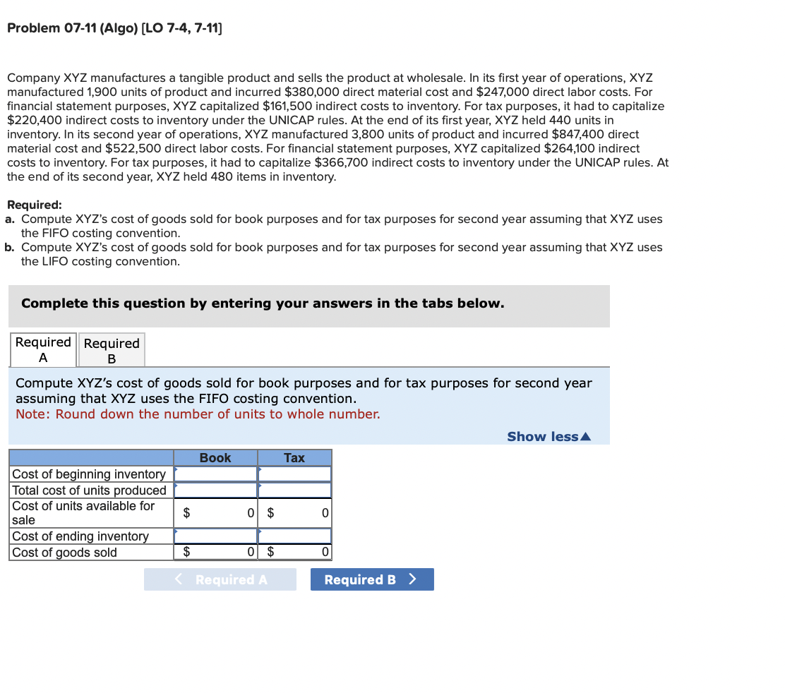 Solved Problem 07-11 (Algo) [LO 7-4, 7-11]Company XYZ | Chegg.com