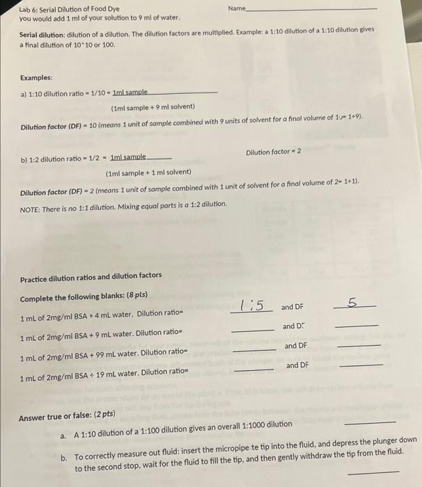 Solved Lab 6: Serial Dilution of Food Dye Name you would add | Chegg.com