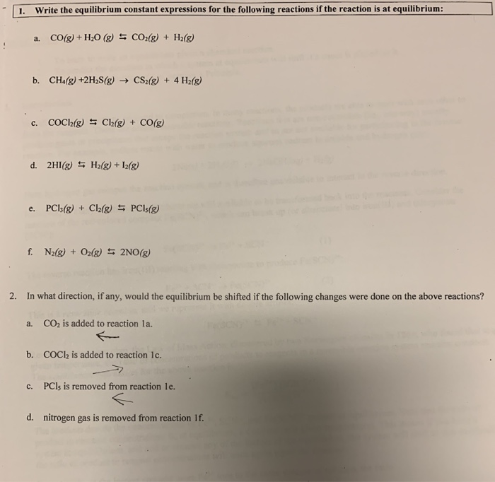 Solved - 1. Write the equilibrium constant expressions for | Chegg.com