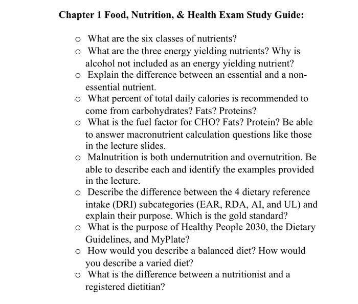 Solved hapter 1 Food, Nutrition, \& Health Exam Study Guide: | Chegg.com