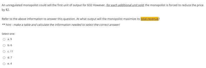Solved An unregulated monopolist could sell the first unit | Chegg.com