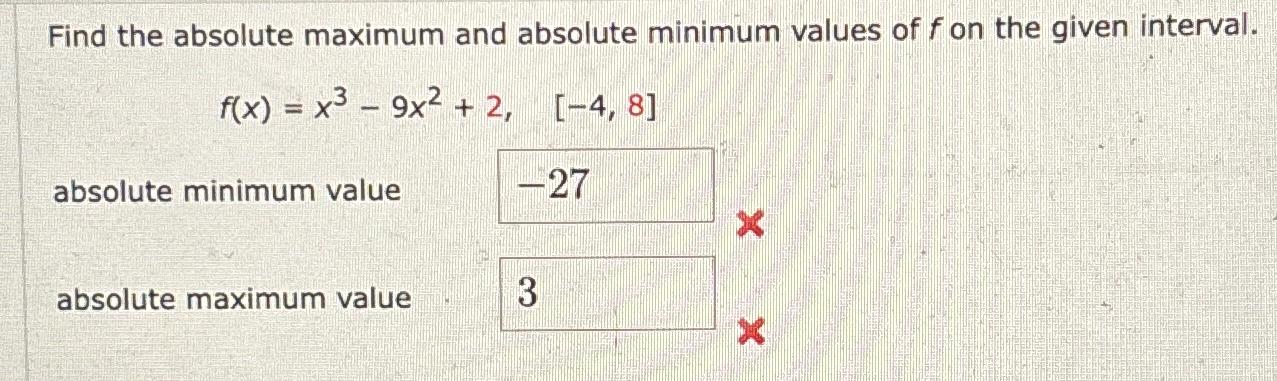 Solved Find the absolute maximum and absolute minimum values | Chegg.com