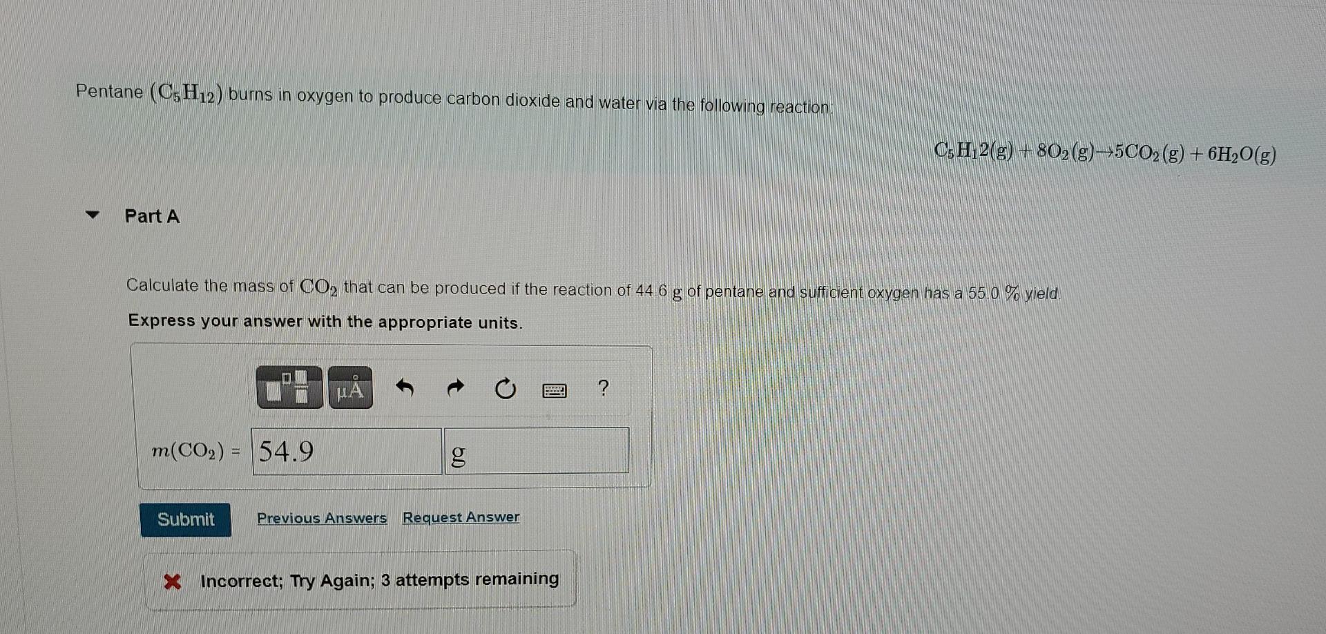 Solved Pentane (C5H12) burns in oxygen to produce carbon | Chegg.com
