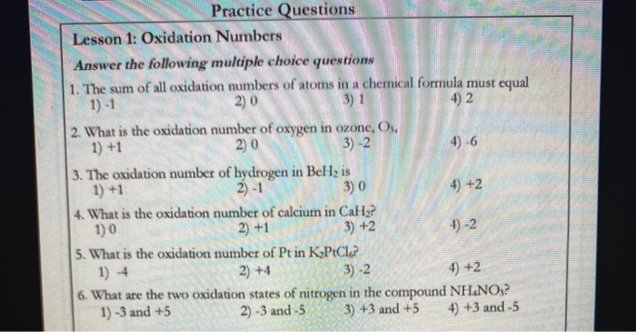 Solved Practice Questions Lesson 1: Oxidation Numbers Answer | Chegg.com